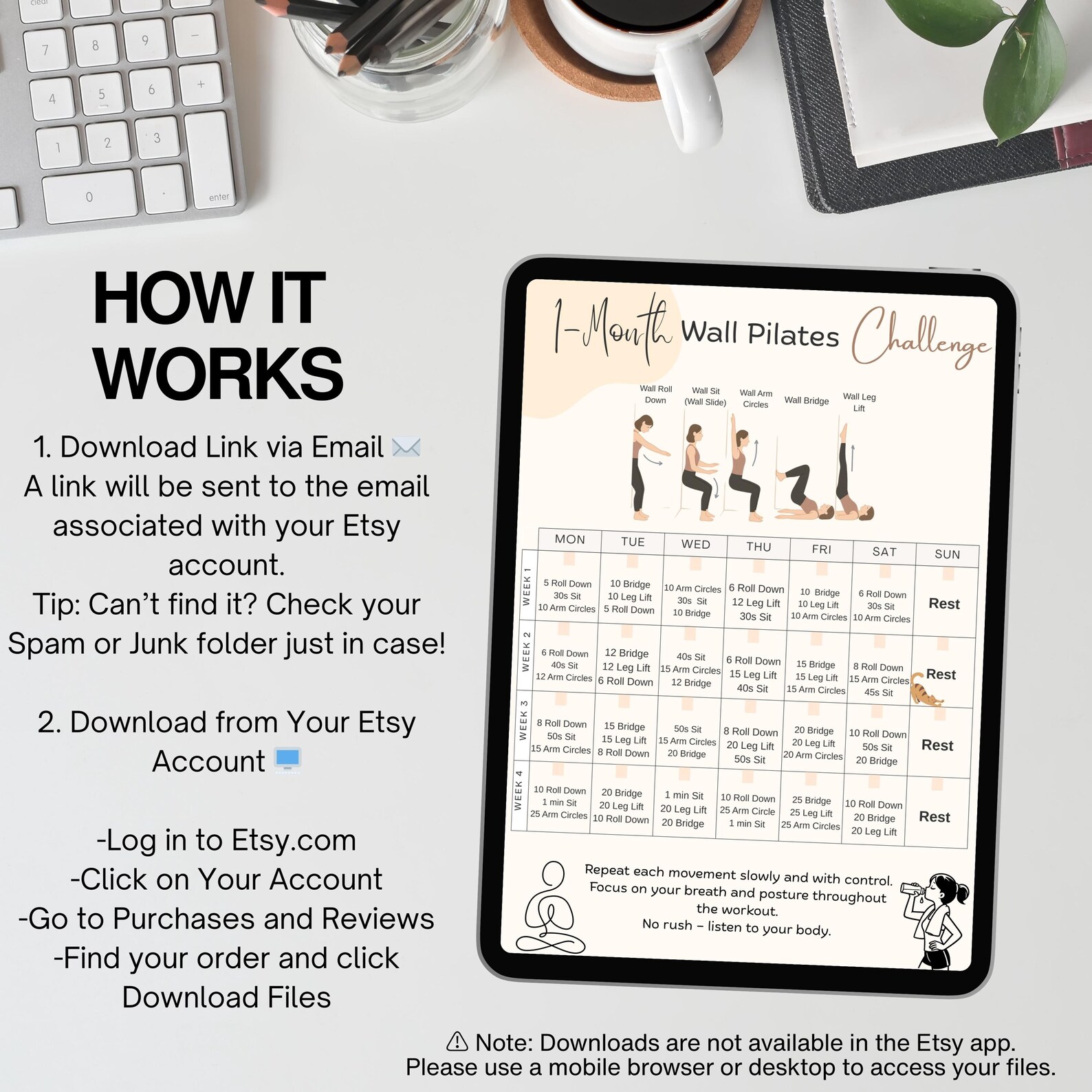 1-month Wall Pilates Chart, Beginner Home Exercise Chart PDF, Low ...