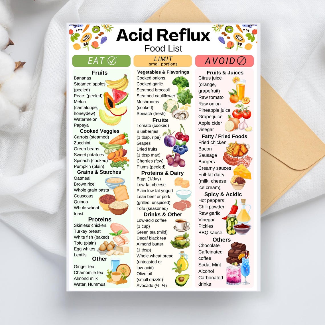 Acid Reflux Food List, GERD Food Chart, Low Acid Diet Food Chart PDF, Acid Reflux Grocery List ...