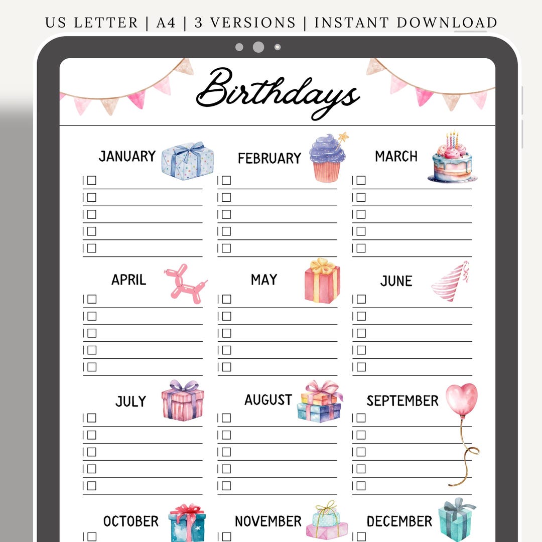 Birthday Calendar, Birthday Tracker Printable Template, Birthday ...