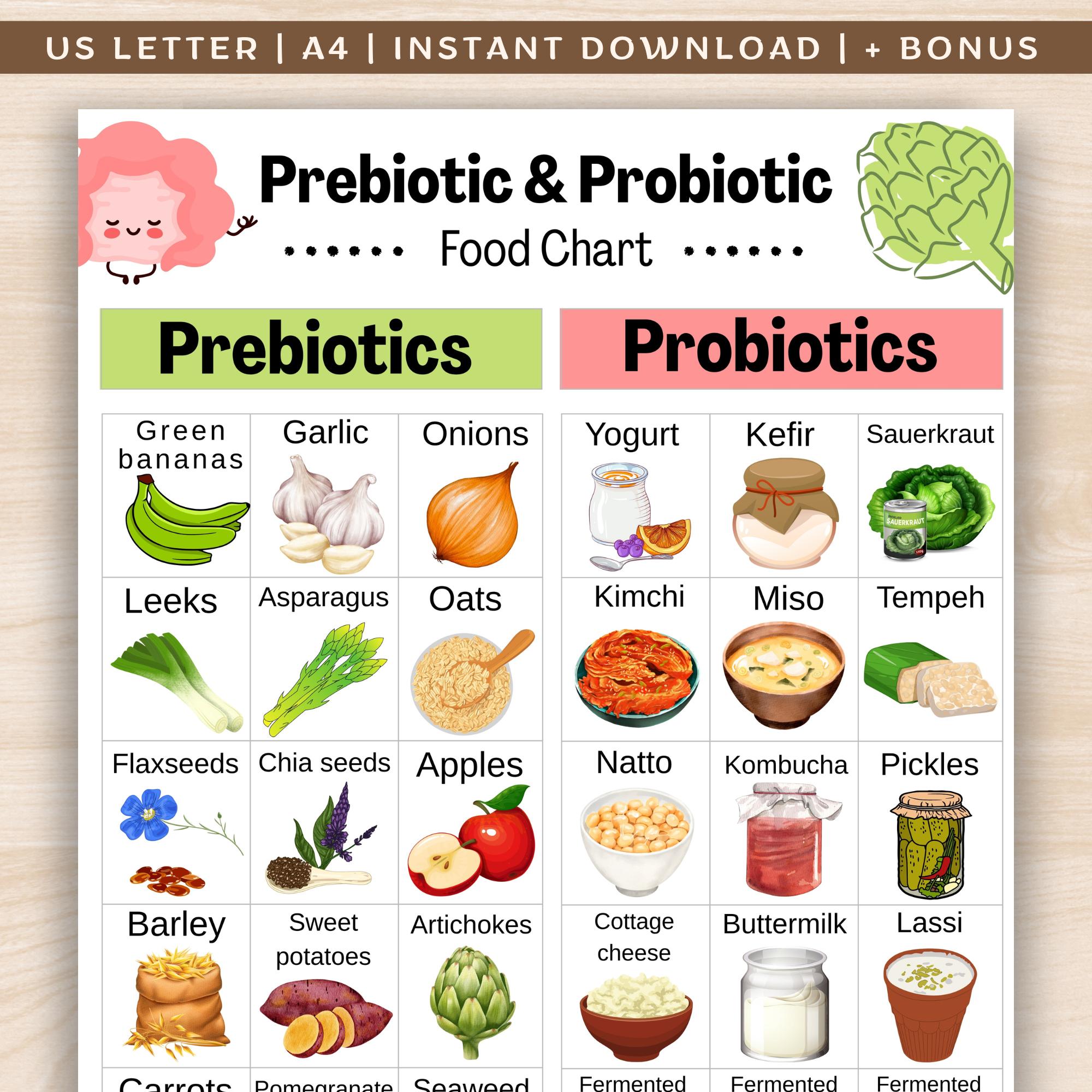 Prebiotic and Probiotic Food Chart, Gut Microbiome Food List, Fermented Foods Chart, Prebiotic ...