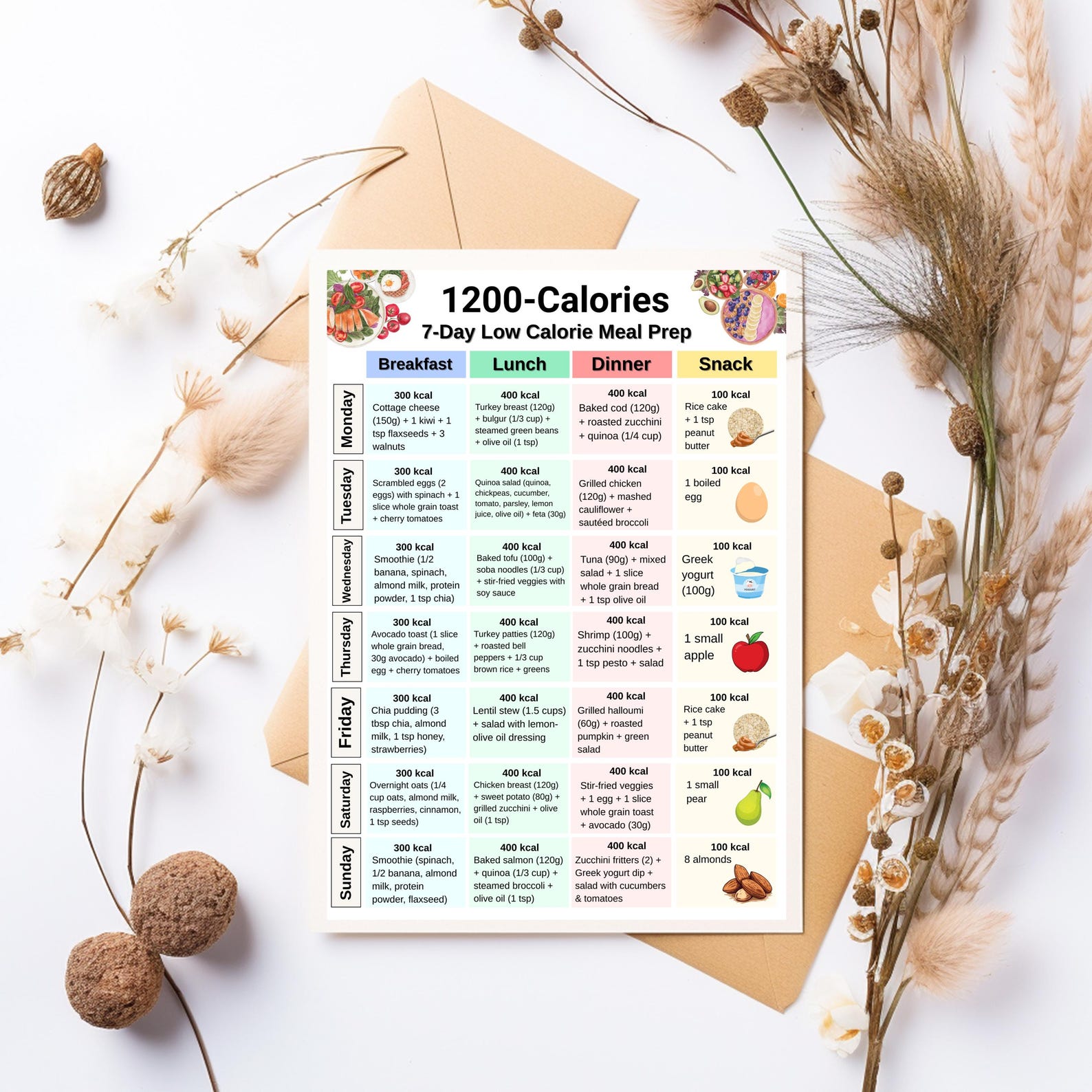 1200 Calorie Meal Plan, 7-day Low Calorie Recipes, Low Calorie Meal ...