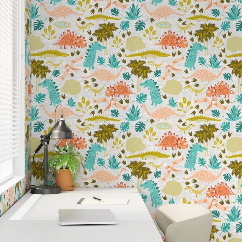 Whimsical Dinosaurs With Trees and Fauna on White Peel & Stick Self ...