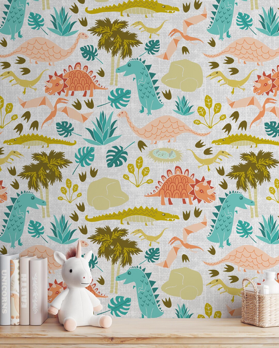 Whimsical Dinosaurs With Trees and Fauna on White Peel & Stick Self ...