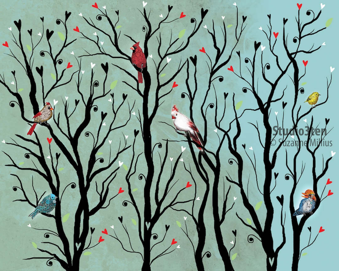 Birds in Trees, Print With Cardinals, Bird Lover Art, Lots of Birds in ...
