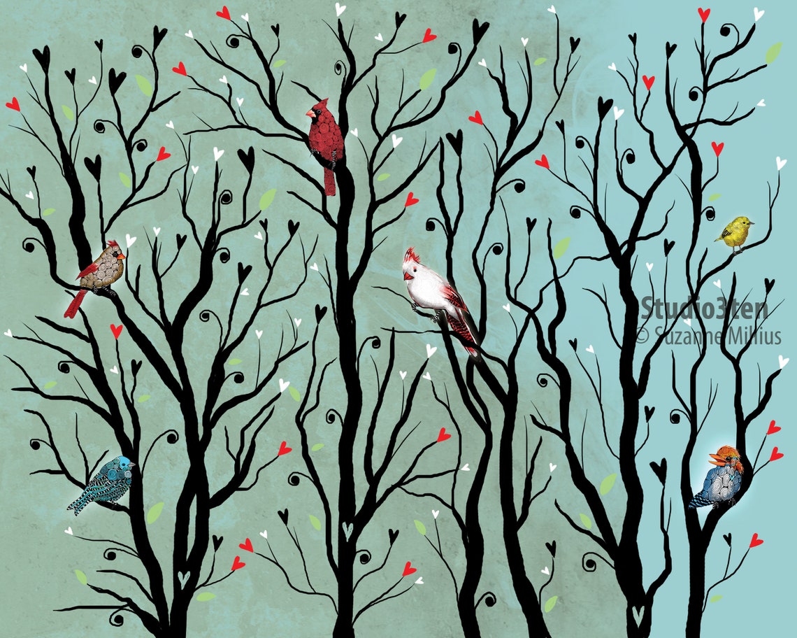 Birds in trees print with cardinals bird lover art lots of | Etsy