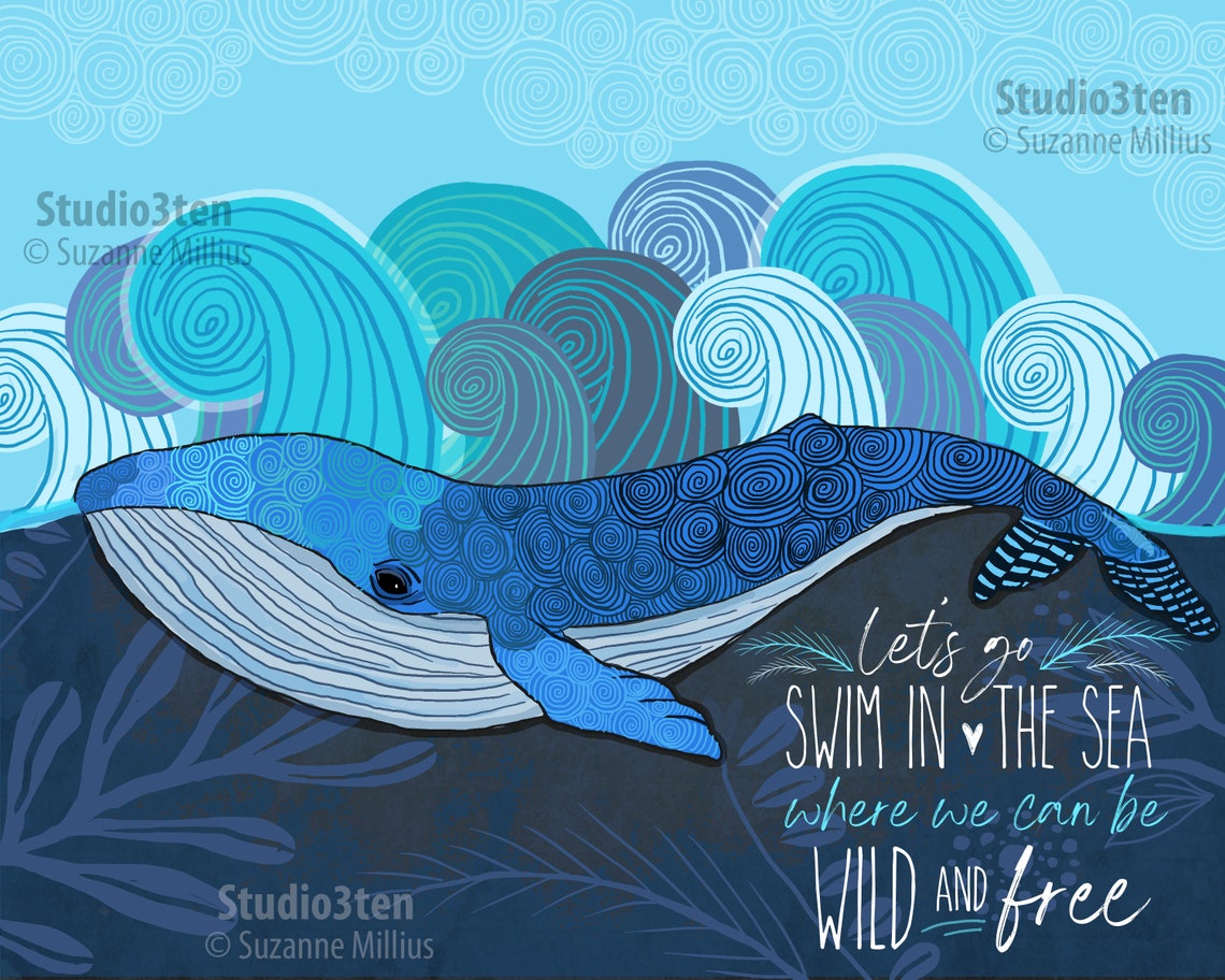 Whale Print, 8x10 Print, Print With Whale, Whale Art, Water Sign, Ocean ...