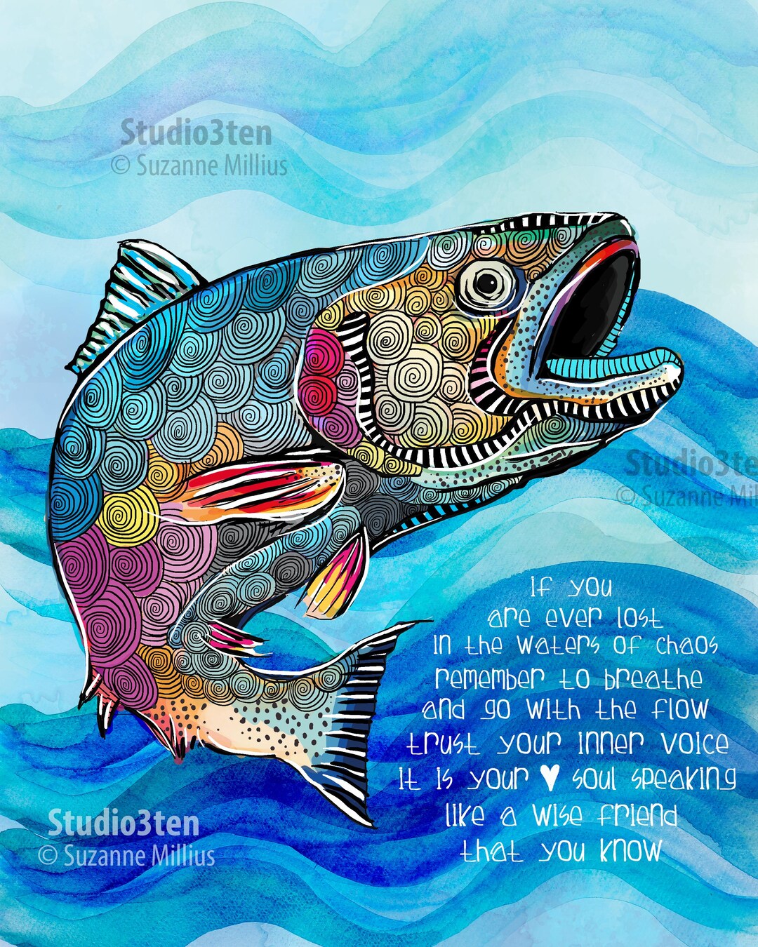 Trout Print, Inner Voice, Zodiac Print, Rainbow Trout, Fish Poem, Art ...