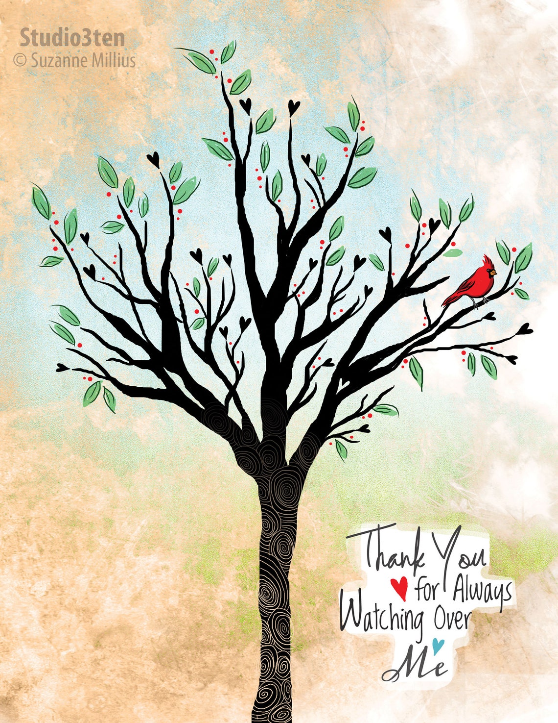 Cardinal Print, Thank You Print, Cardinal in Tree, Cardinal Watching ...