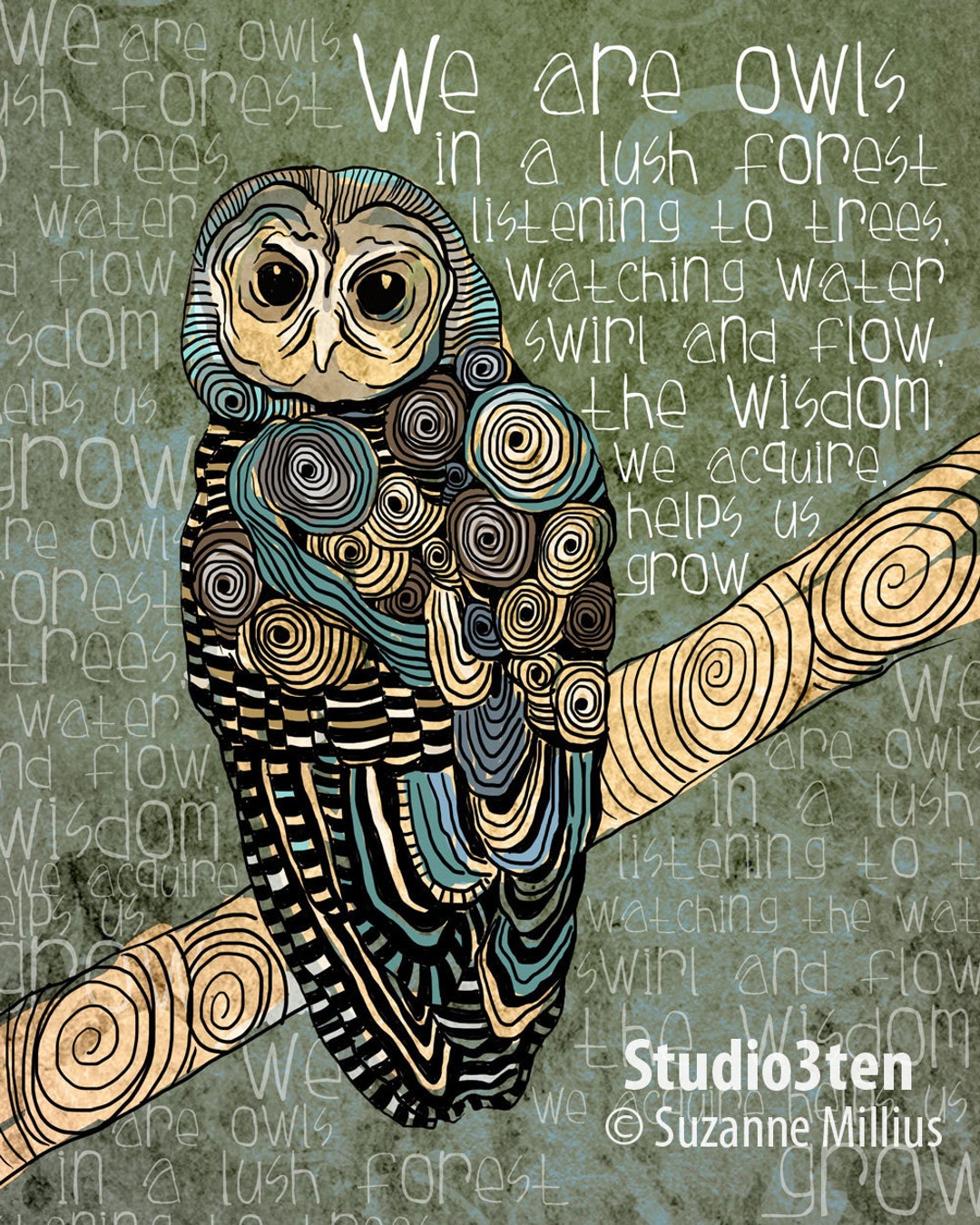 Owl Print, Art About Wisdom, Owl in Forest, Green Lush Print, Owl in ...