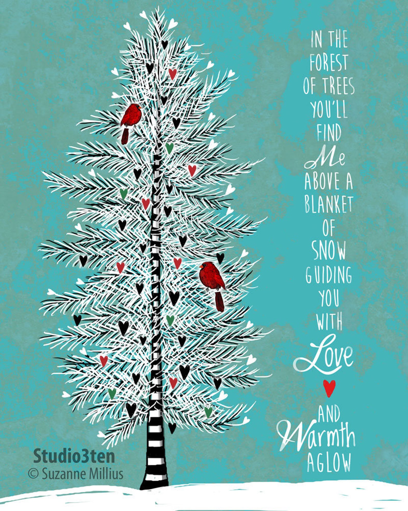 Fir Tree Cardinals / Original Illustration ART Print Hand SIGNED Size 8 ...