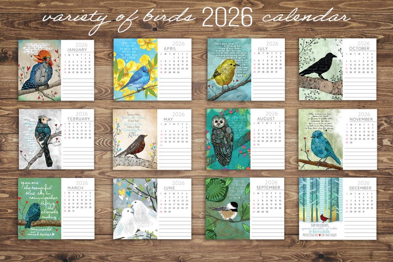 2026 Birds Calendar Original Art and Poetry With Wooden Stand, All ...
