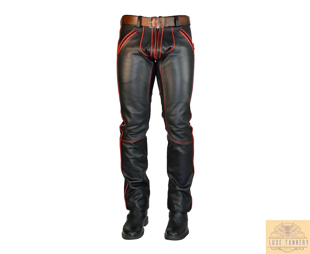 Men's Black Cow Leather Straight Fit Biker Rider Leather Pants With Red ...