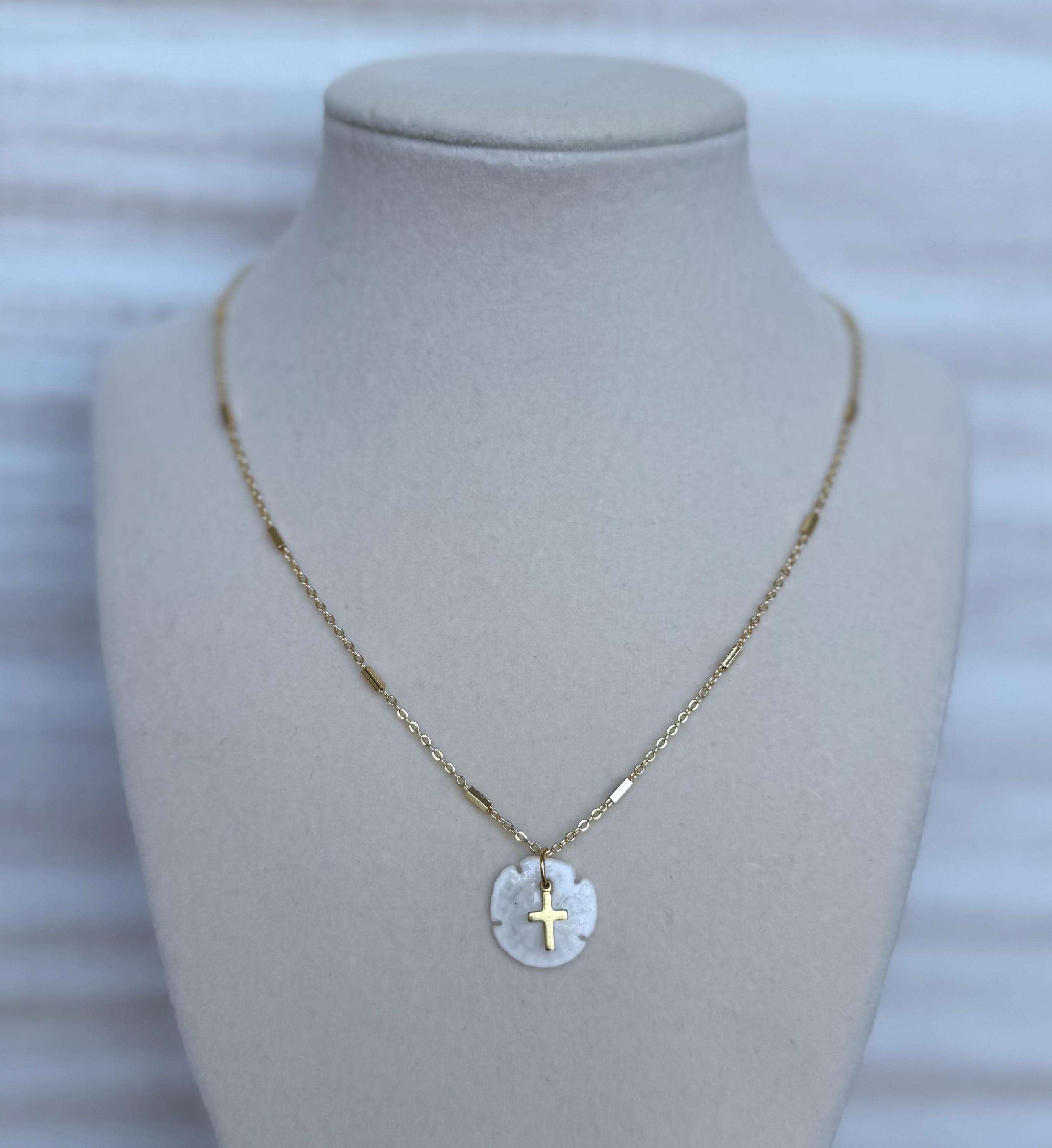 Petite Coastal Beach Sand Dollar Seashell Necklace With Gold Christian ...