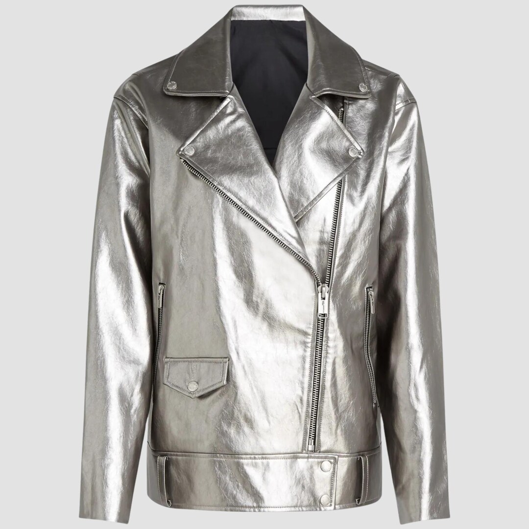 Silver Metallic Leather Biker Jacket – Women's Statement Moto Jacket ...