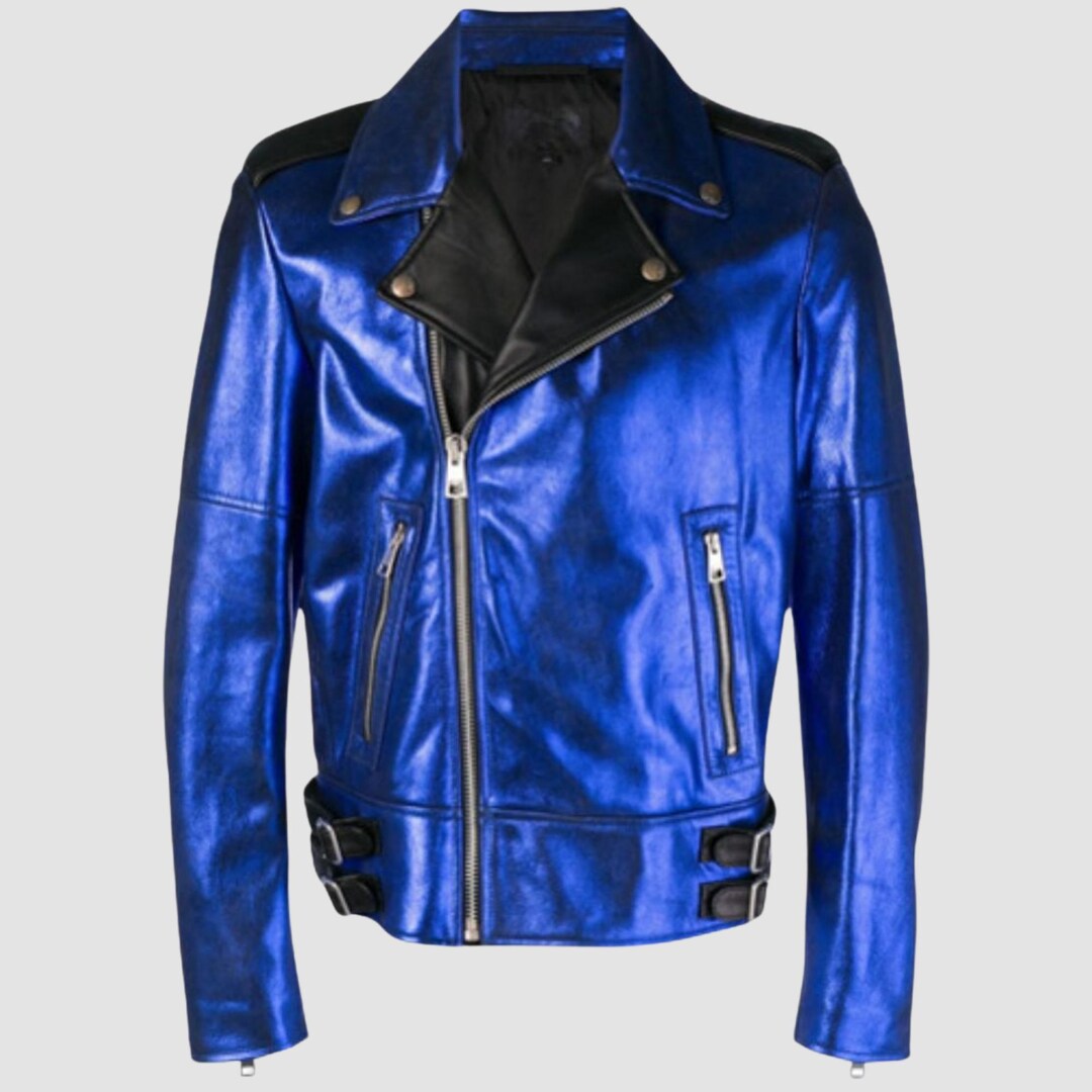 Men's Metallic Blue Leather Biker Jacket – Shiny Moto Jacket, Rock Star ...