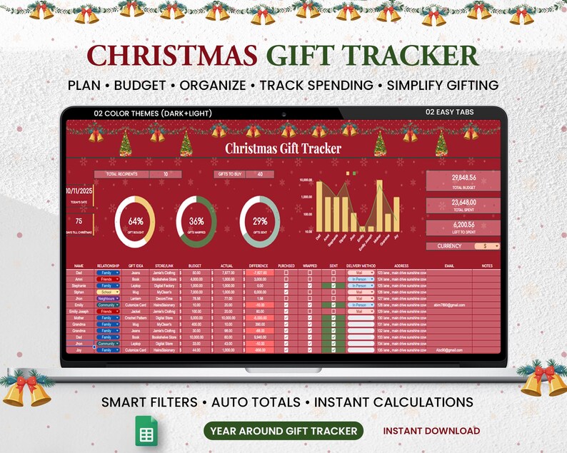 Christmas Gift Tracker Holiday Planning Spreadsheet Festive Dark Mode ...