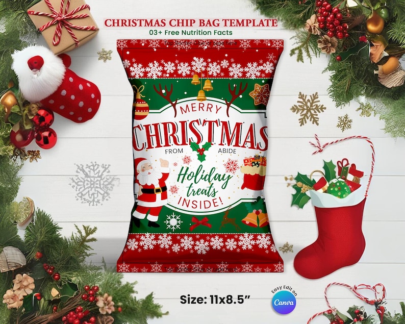 Editable Christmas Chip Bag Chocolate Warpper: Santa Claus Party Favor ...