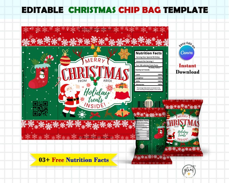 Editable Christmas Chip Bag Chocolate Warpper: Santa Claus Party Favor ...