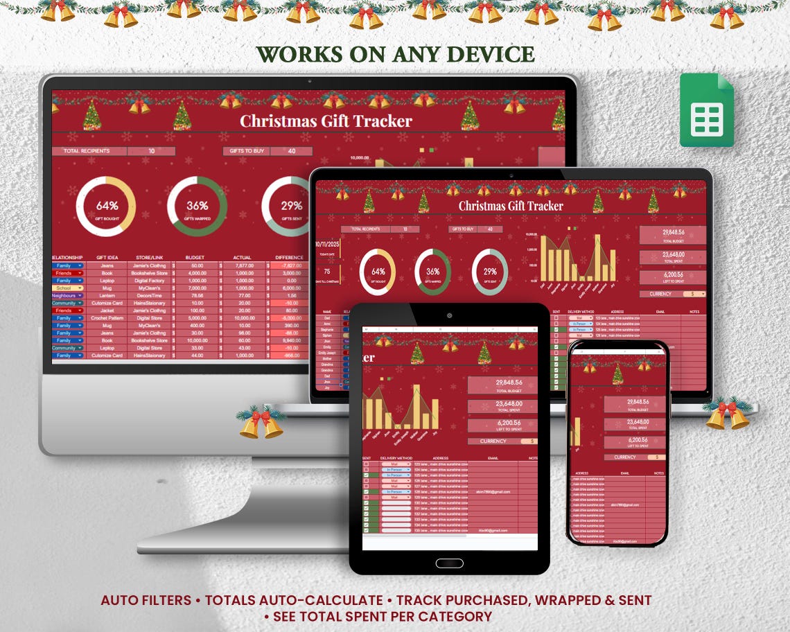 Christmas Gift Tracker Holiday Planning Spreadsheet Festive Dark Mode ...