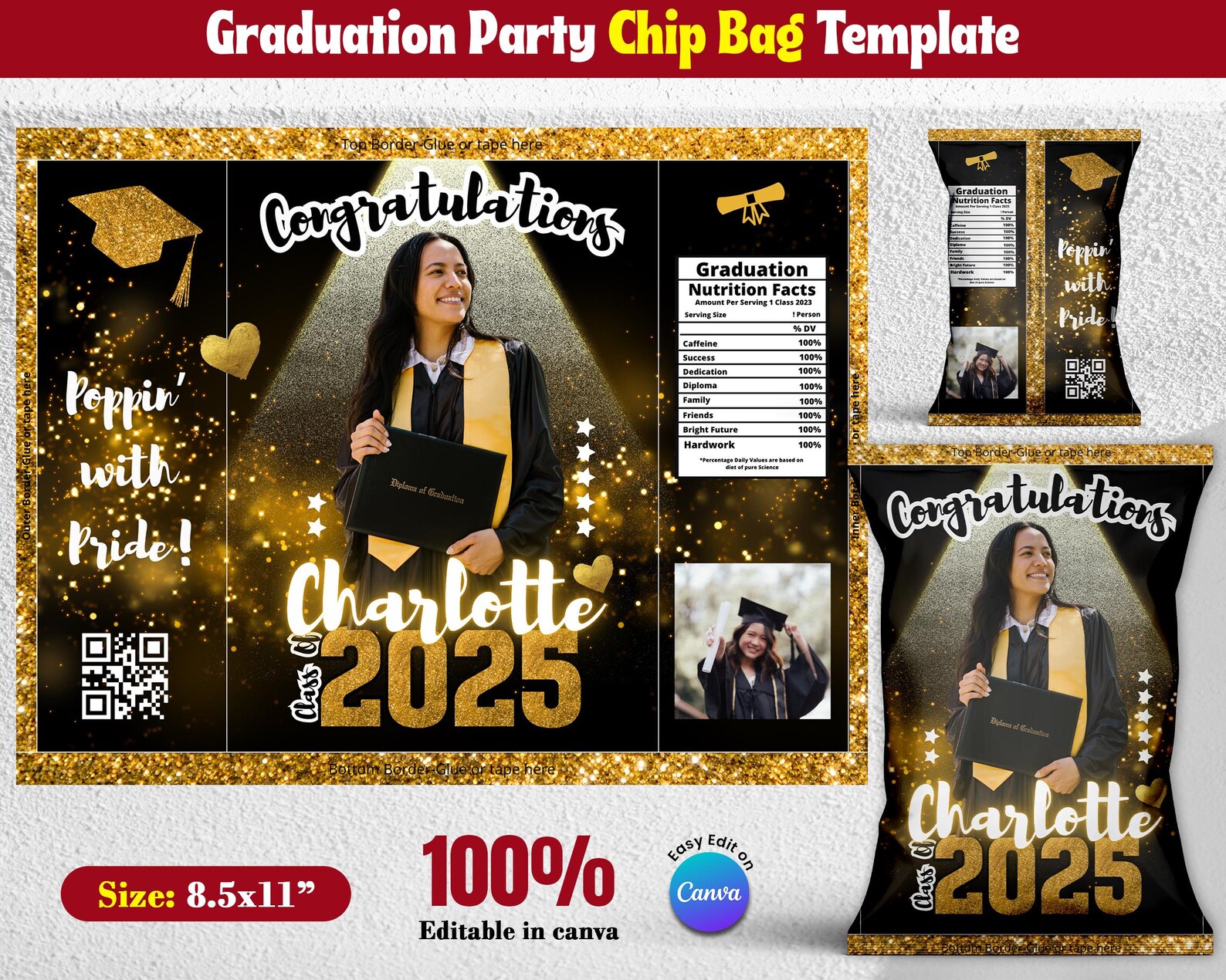 7X Graduation Party Favor Template Bundle, Gold and Black Canva ...