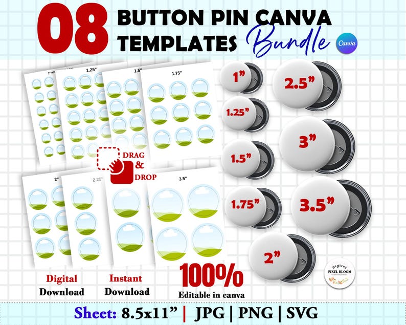 Button Pin Template Canva Bundle, Button Pin Template Svg, Button Pin ...