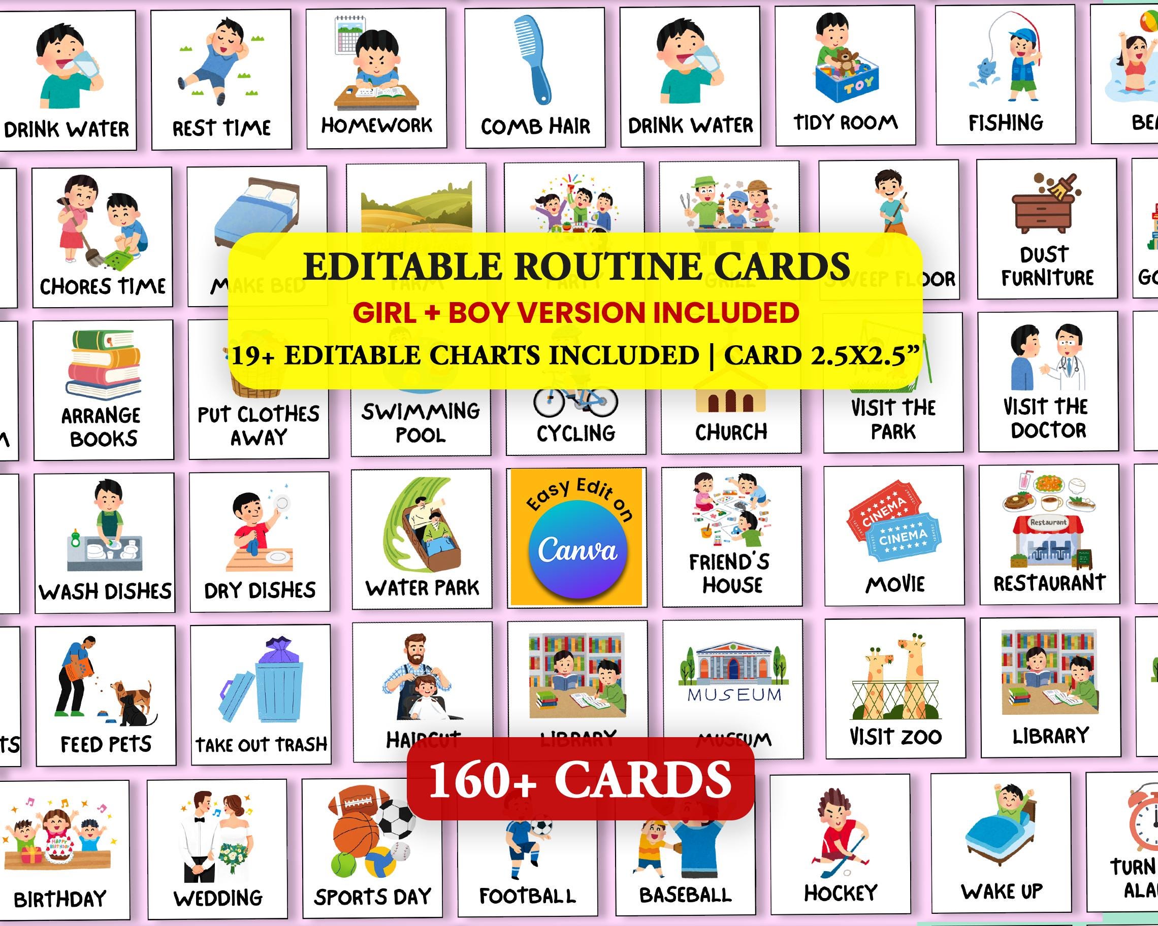 Tarjetas de rutina editables para niños / 20 gráficos visuales de ...