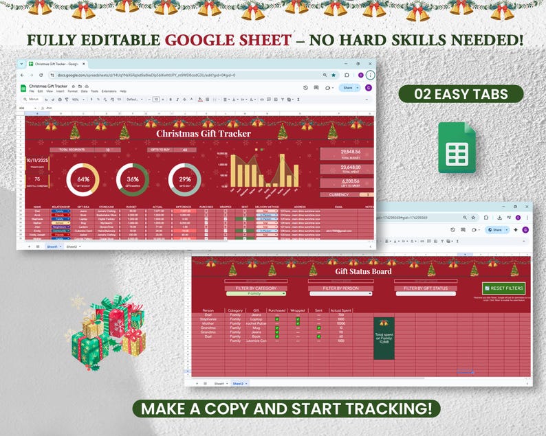 Christmas Gift Tracker Holiday Planning Spreadsheet Festive Dark Mode ...