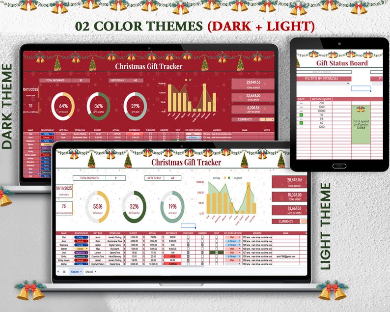 Christmas Gift Tracker Holiday Planning Spreadsheet Festive Dark Mode ...