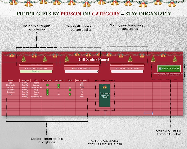 Christmas Gift Tracker Holiday Planning Spreadsheet Festive Dark Mode ...