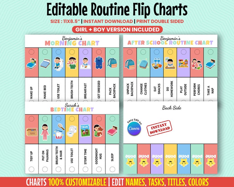 Editable Daily Routine Flip Charts for Kids Morning Afternoon & Bedtime ...