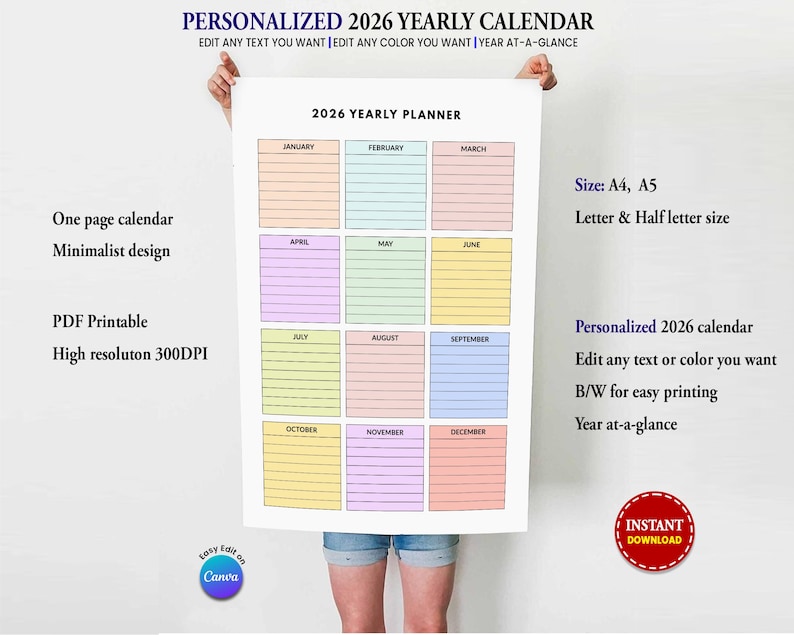 Editable Yearly Planner, Printable Yearly Overview on One Page, Year at ...