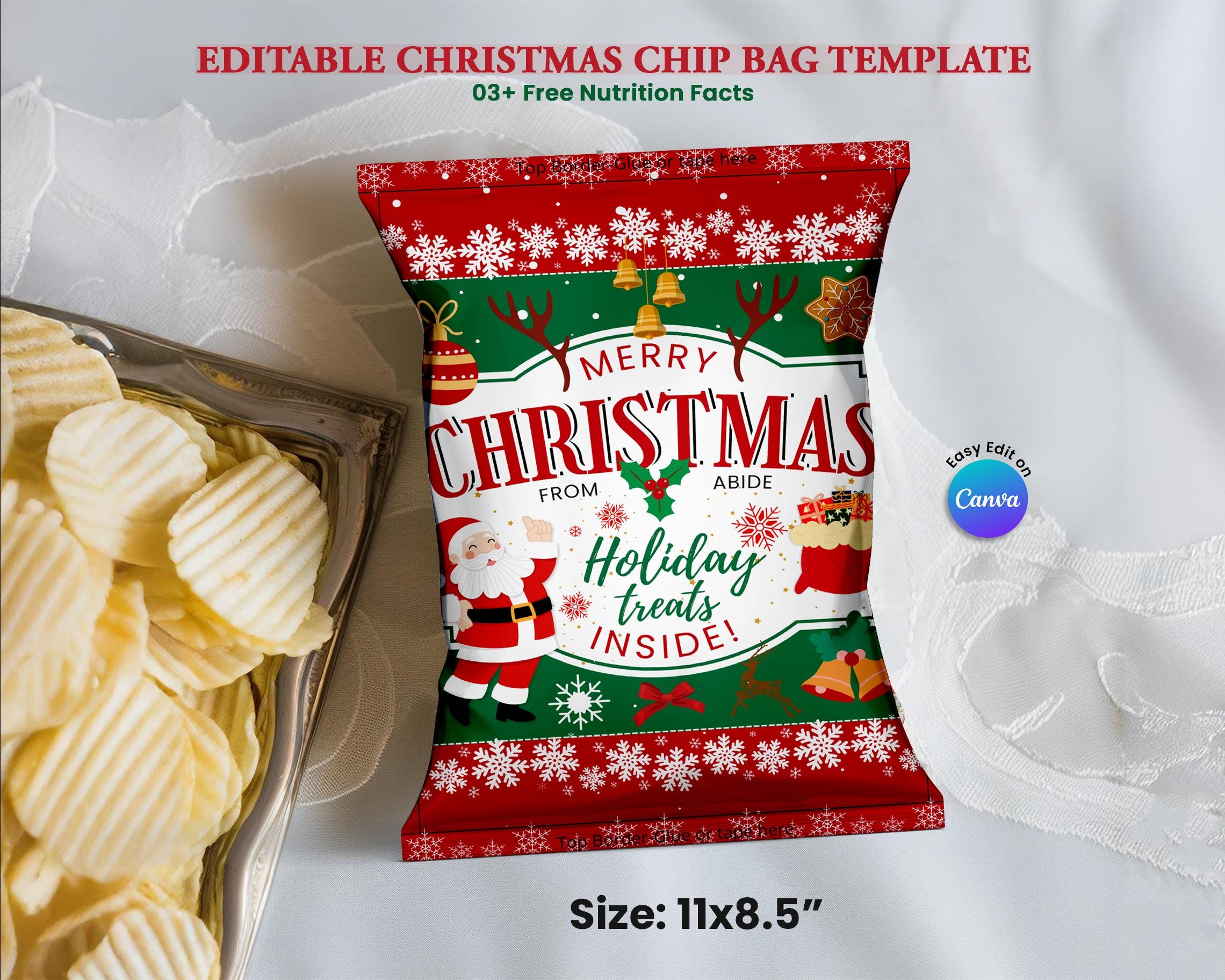 Editable Christmas Chip Bag Chocolate Warpper: Santa Claus Party Favor ...
