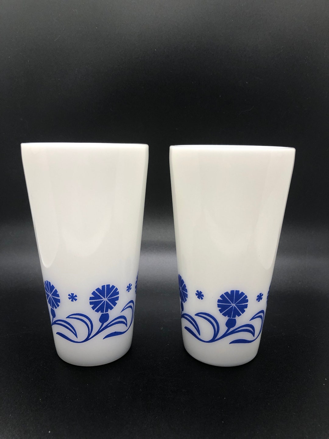 Pair of Hazel Atlas Blue Cornflower Tumbler White Glass 5 X 2.75 Inches ...