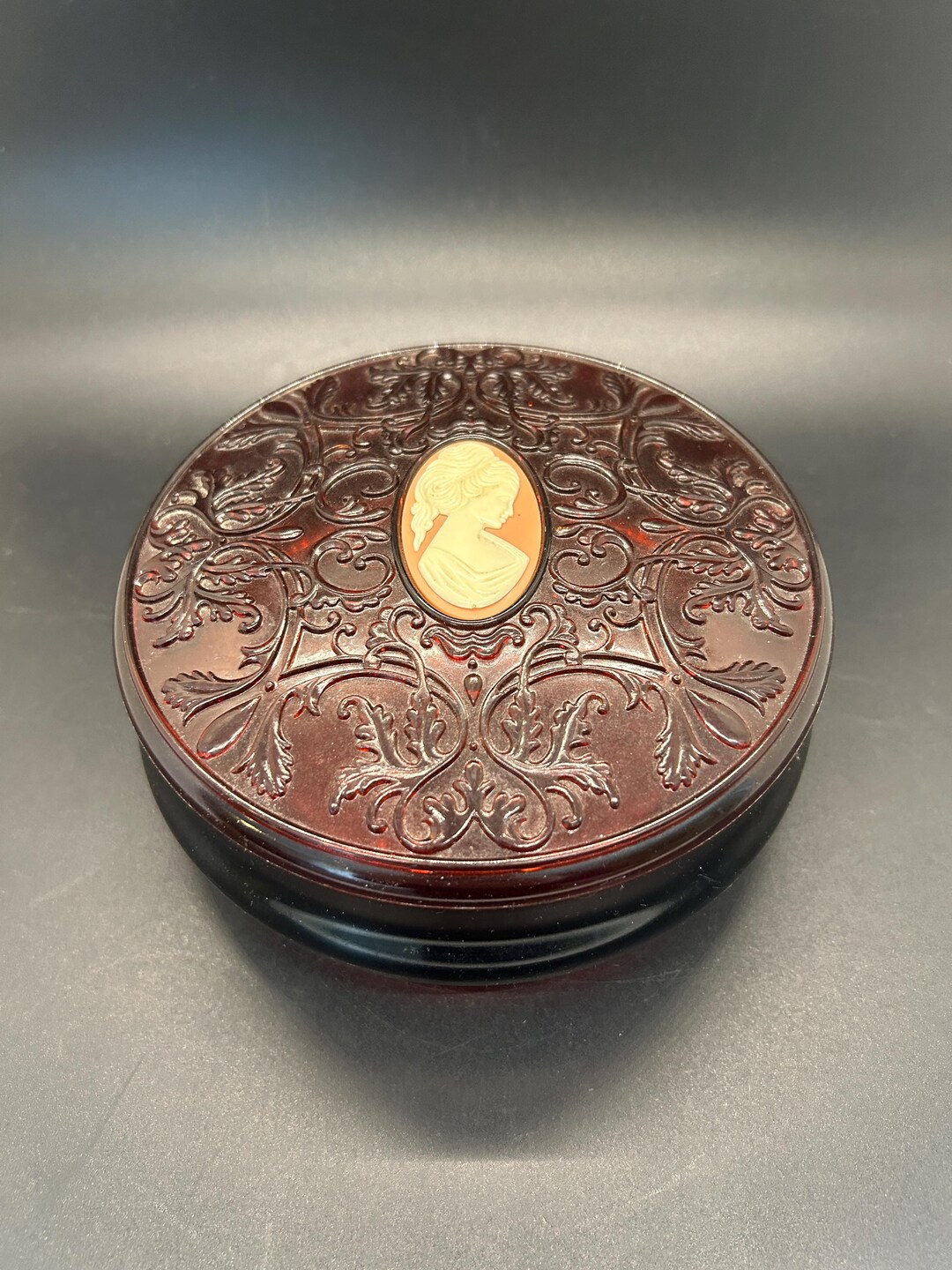 Avon, Cameo Box, Lucite,dark Red, Oval Cameo, Raised Scroll Design ...