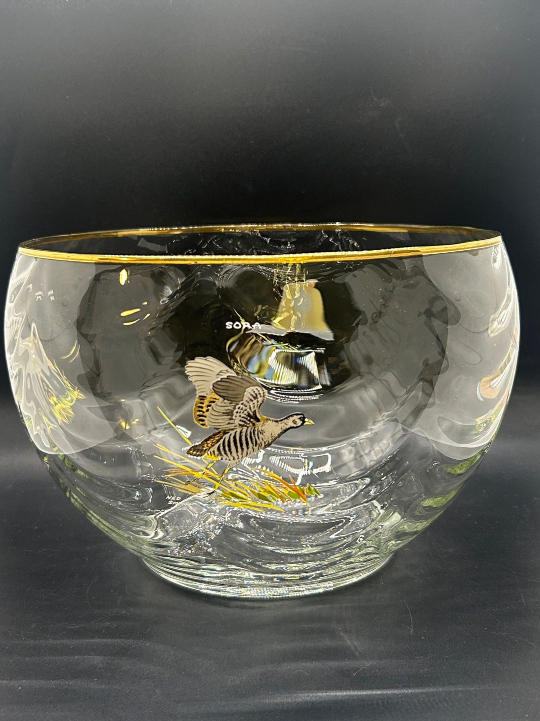 Rare Vintage Ned Smith Optic Punch Bowl Barware Four Fowl, Vibrant ...