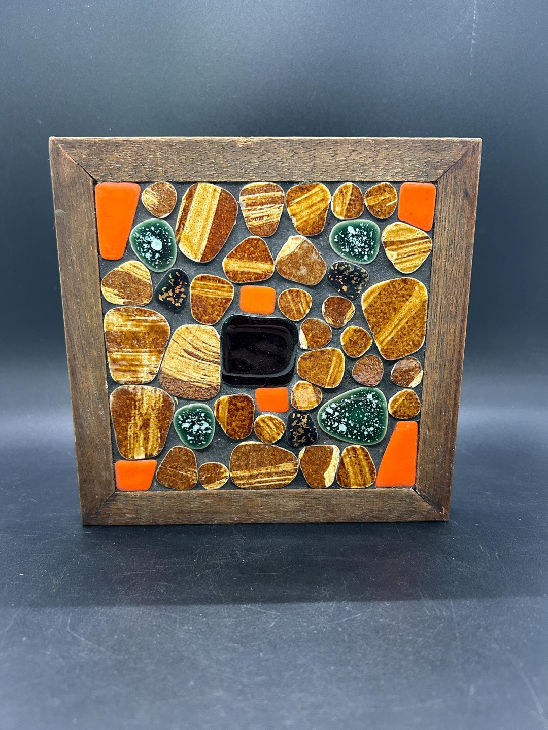 Mid Century Modern Vintage Atomic Age Era Ceramic Stone and Wood Trivet ...