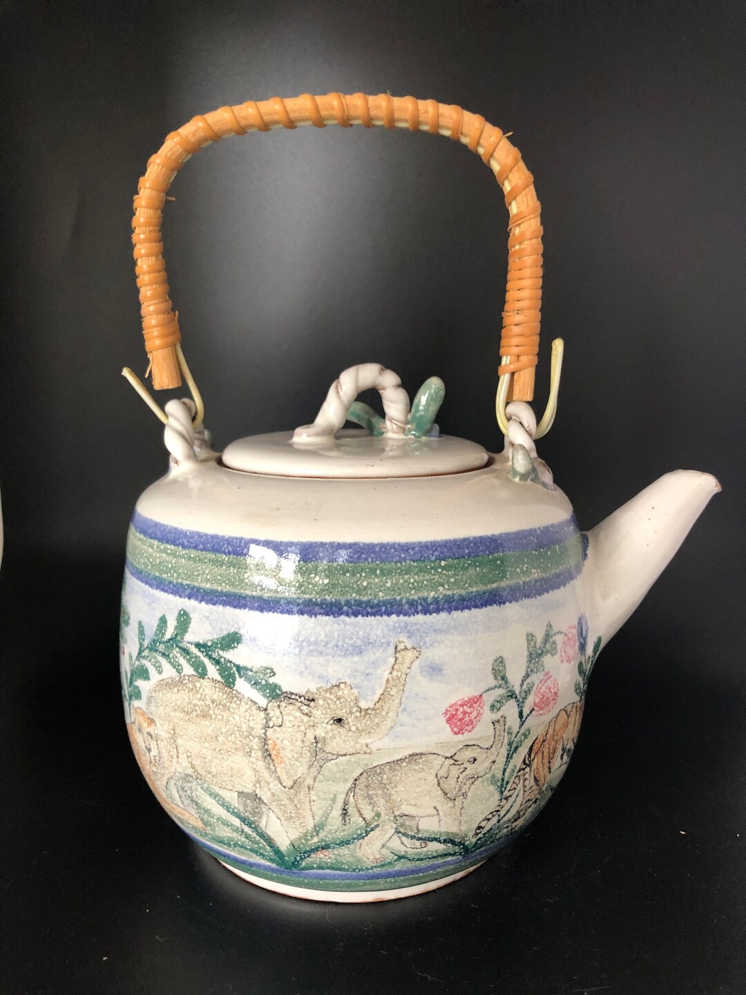 Rare Stunning Handmade Ceramic Teapot Hand Painted Animal Scene Lions ...