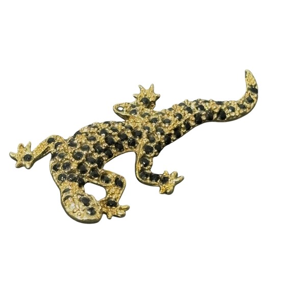 Vintage Lizard GECKO Gold Tone Black Rhinestones Broo… - Gem