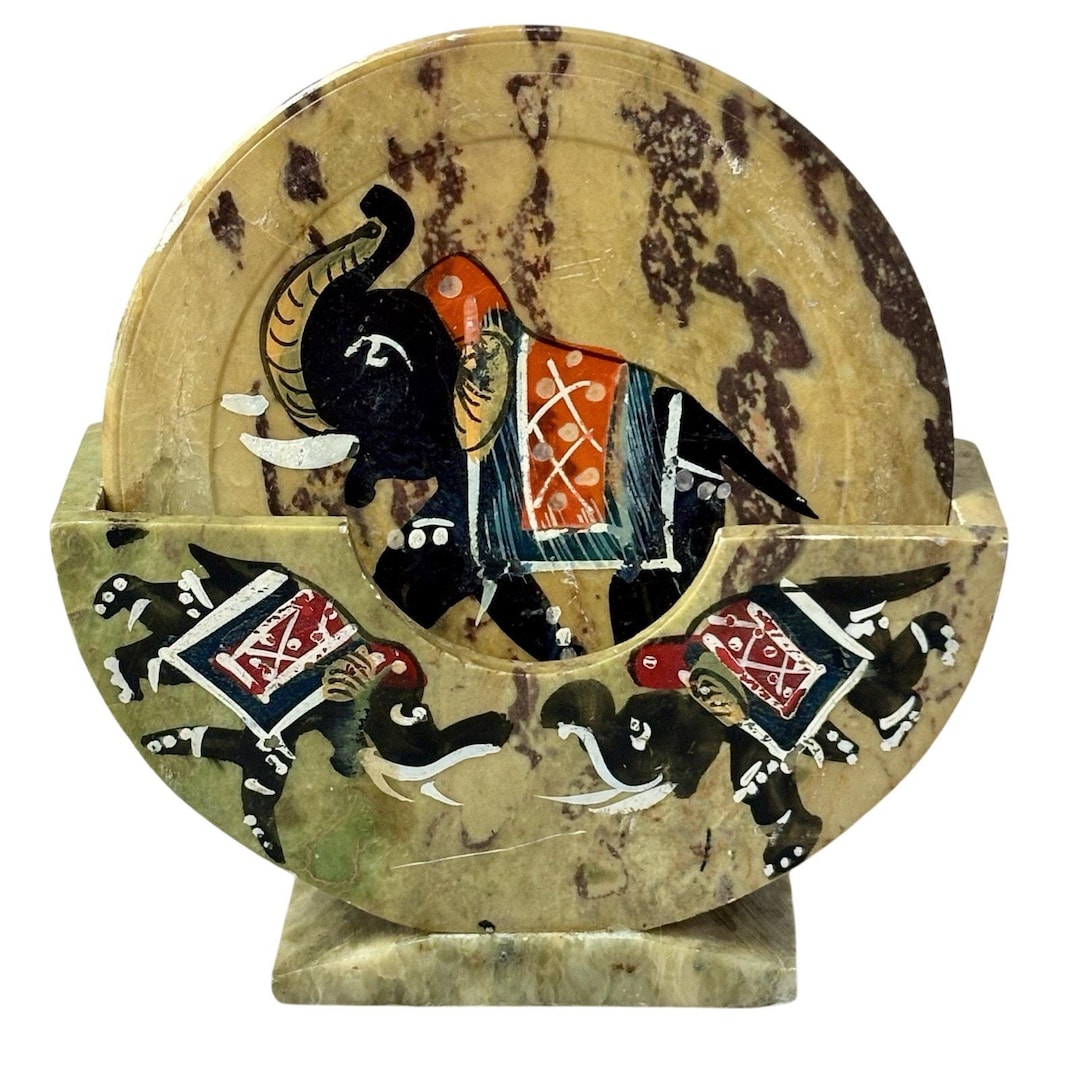 Soapstone Elephant Coaster Set Hand-painted India 4 Piece With Holder ...
