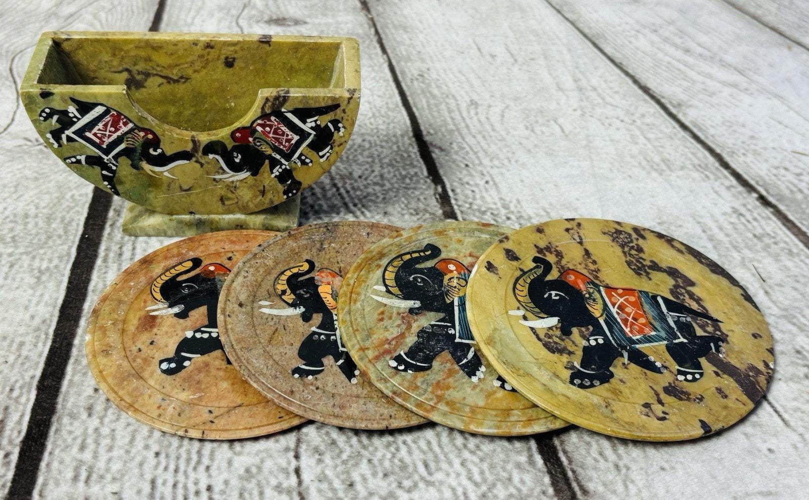 Soapstone Elephant Coaster Set Hand-painted India 4 Piece With Holder ...