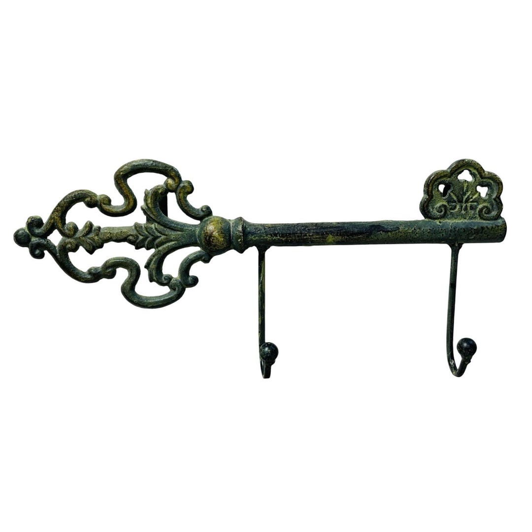 Vintage Cast Iron Skeleton Key Wall Hook Rack Green Patina 13” - Heavy ...