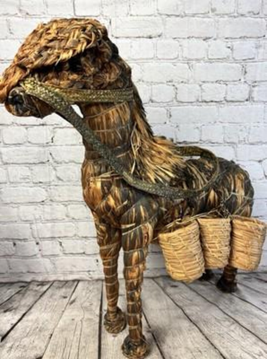 Vintage Italian Straw Pack Mule With Woven Saddle Baskets 25” Folk Art ...