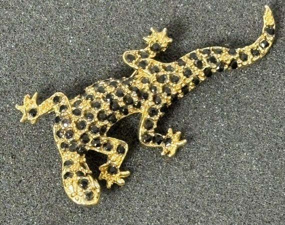 Vintage Lizard GECKO Gold Tone Black Rhinestones Broo… - Gem