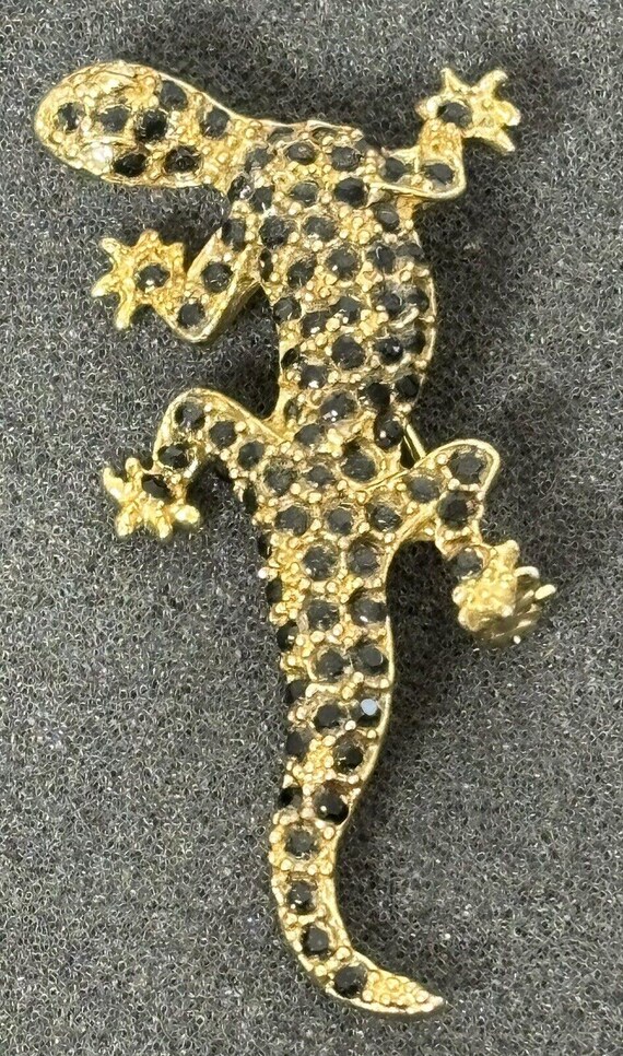 Vintage Lizard GECKO Gold Tone Black Rhinestones Broo… - Gem