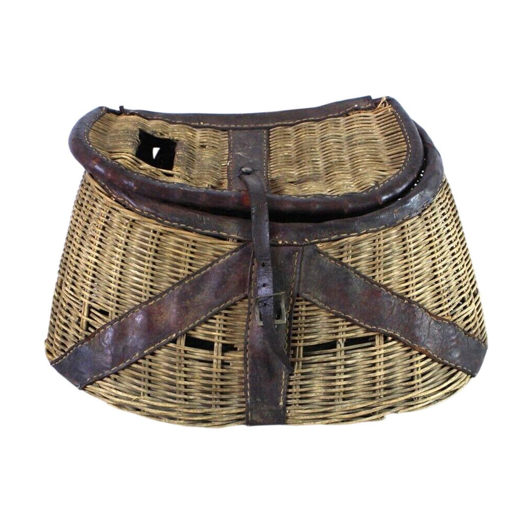 Early Wicker Leather Fly Fishing Trout Fish Creel Basket W/strap Cave ...