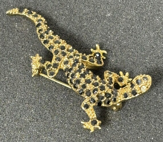 Vintage Lizard GECKO Gold Tone Black Rhinestones Broo… - Gem