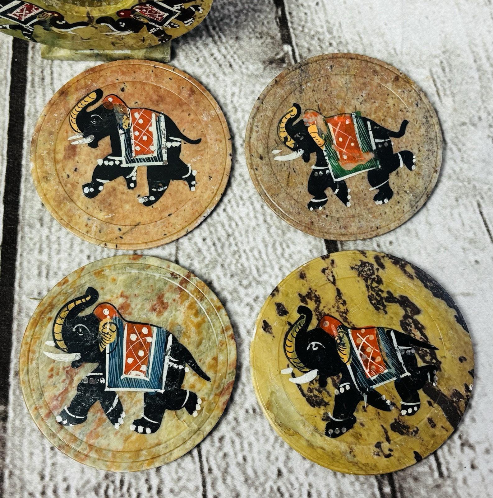 Soapstone Elephant Coaster Set Hand-painted India 4 Piece With Holder ...