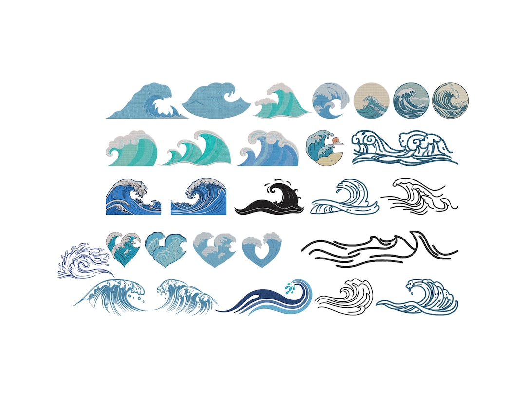 Set of Ocean Waves Embroidery Design - Bundle of Sea Waves Embroidery ...