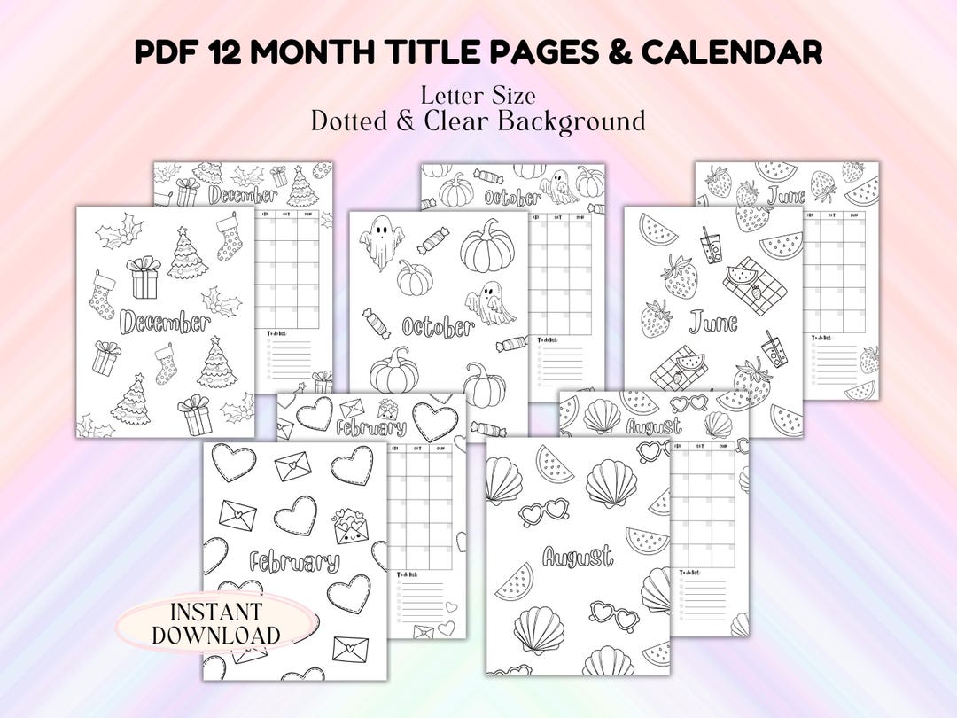 12 Month Title Pages and Calendar Outline PDF | Printable Planner Pages ...