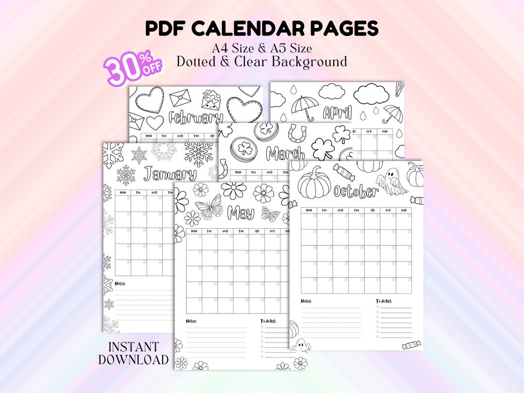 12 Month Printable Calendar | Colorable Planner Pages | Printable ...